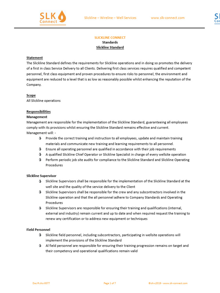 Slickline Operations Safety Standards | PDF