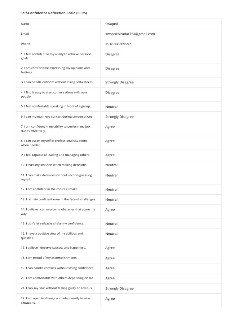 Self-Confidence Reflection Scale Results | PDF