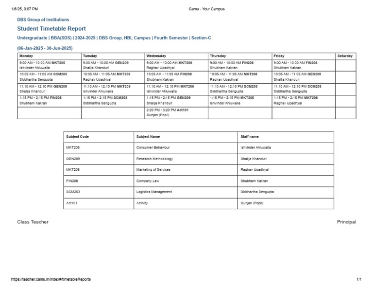 BBA Fourth Semester Timetable 2025 | PDF