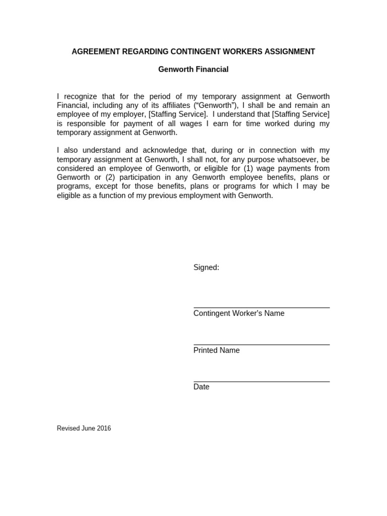Temporary Assignment Agreement - 2016 | PDF