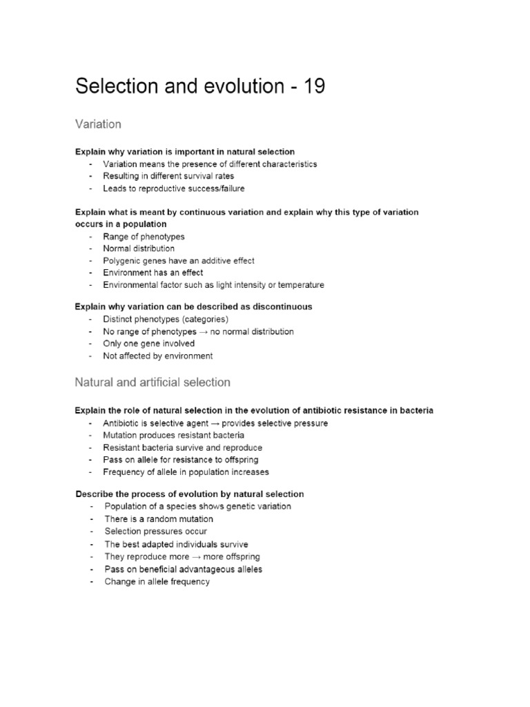 Selection and Evolution Pastpaper Questions | PDF