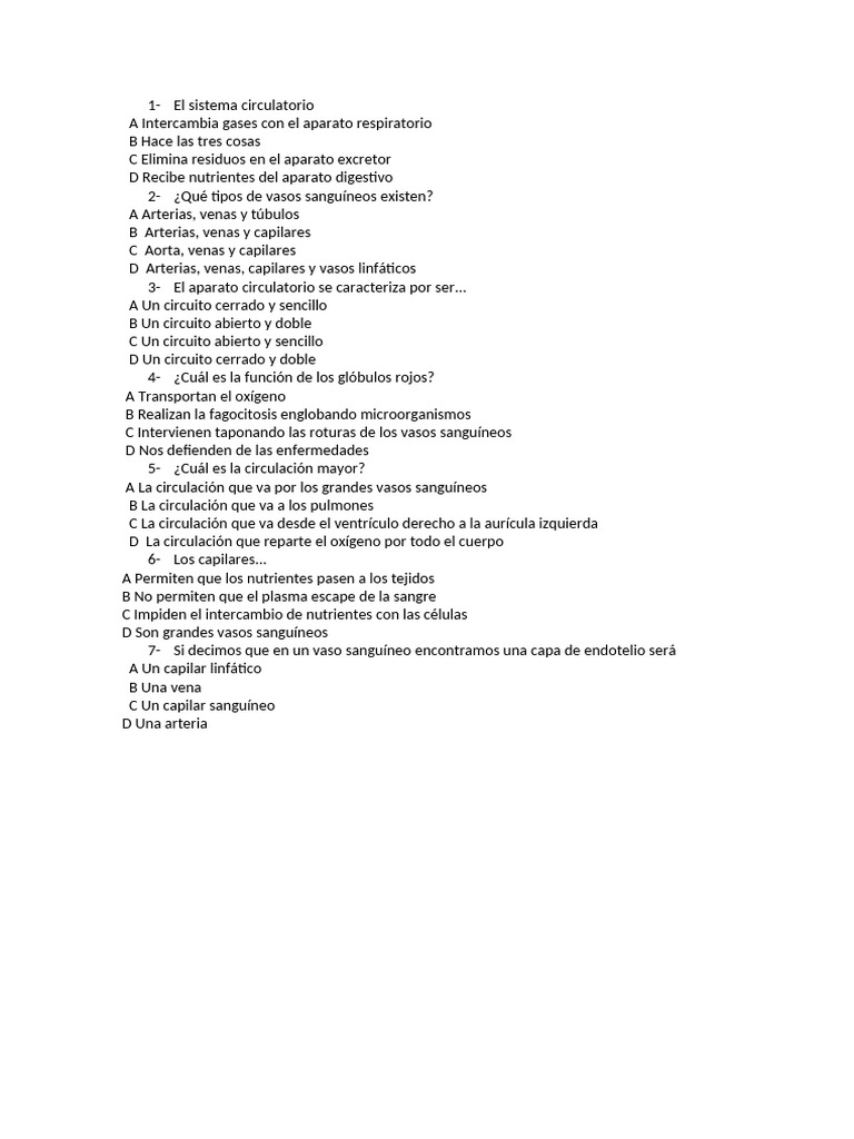 El Sistema Circulatorio Preguntas | PDF