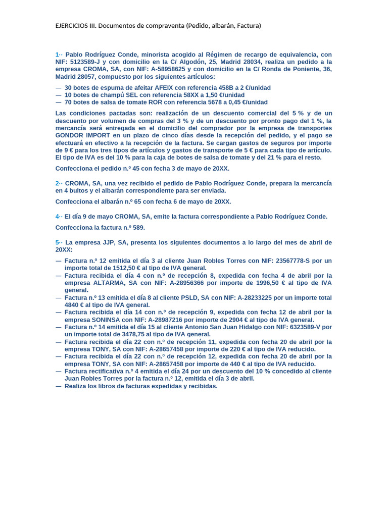 Ejercicios III_documentos compraventa | PDF | Factura | Documentos empresariales