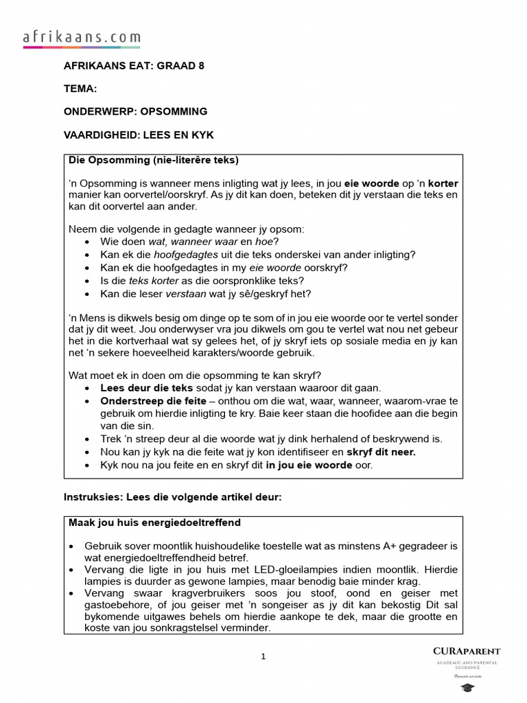 GR 8 EAT Lees en Kyk - Hersiening Opsomming | PDF
