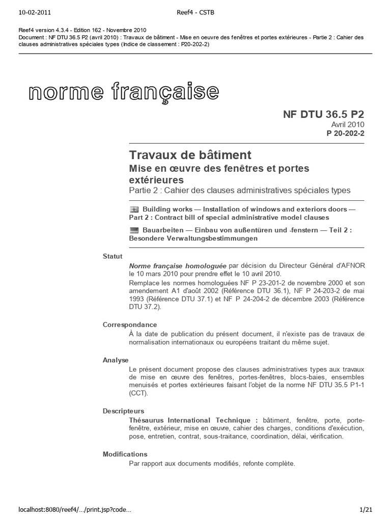 NF Dtu 36.5 P2 2010 | PDF