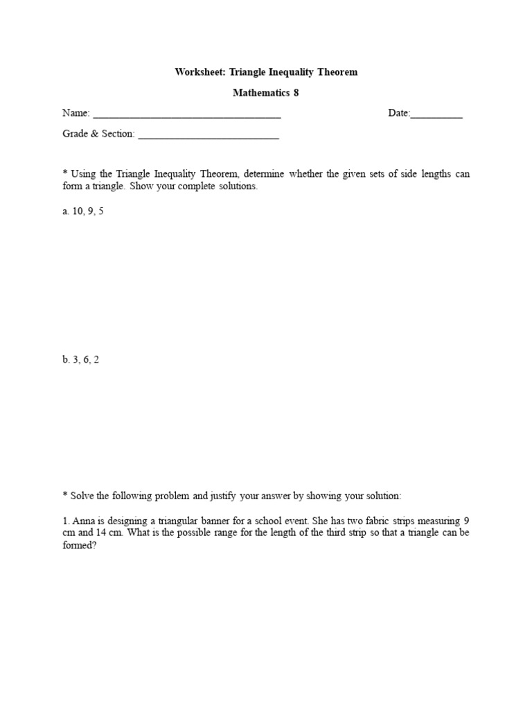 Worksheet: Triangle Inequality Theorem Mathematics 8 | PDF