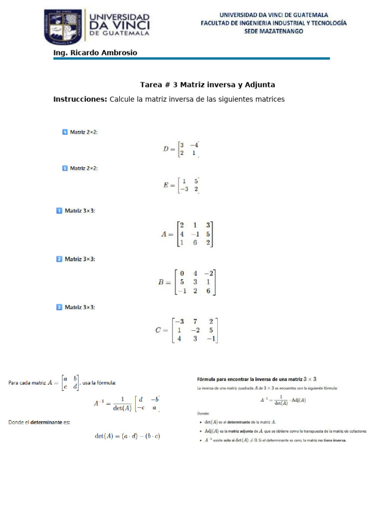 Tarea 3 Matriz inversa y adjunta | PDF