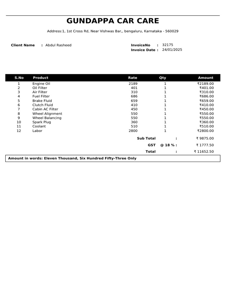Car Maintenance Invoice - Gundappa Car Care | PDF