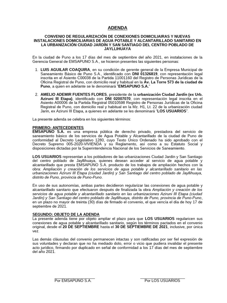 Adenda Al Convenio - Regularización y Nuevas Conexiones Ciudad Jardín y ...