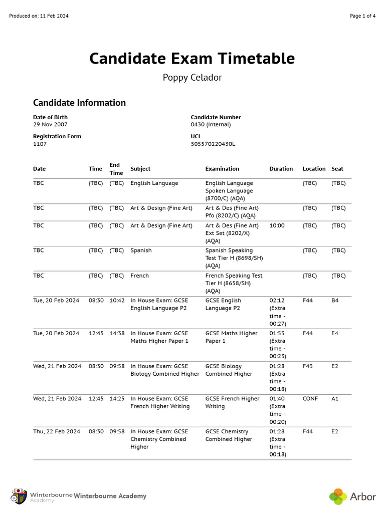 2024-02-11 Exam Timetable for 0430 Celador Poppy | PDF | Qualifications ...
