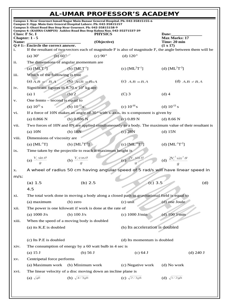 FLP Phy CH # 1 - 5 (2012) For Ghazi Road & Kahna | PDF | Force | Acceleration