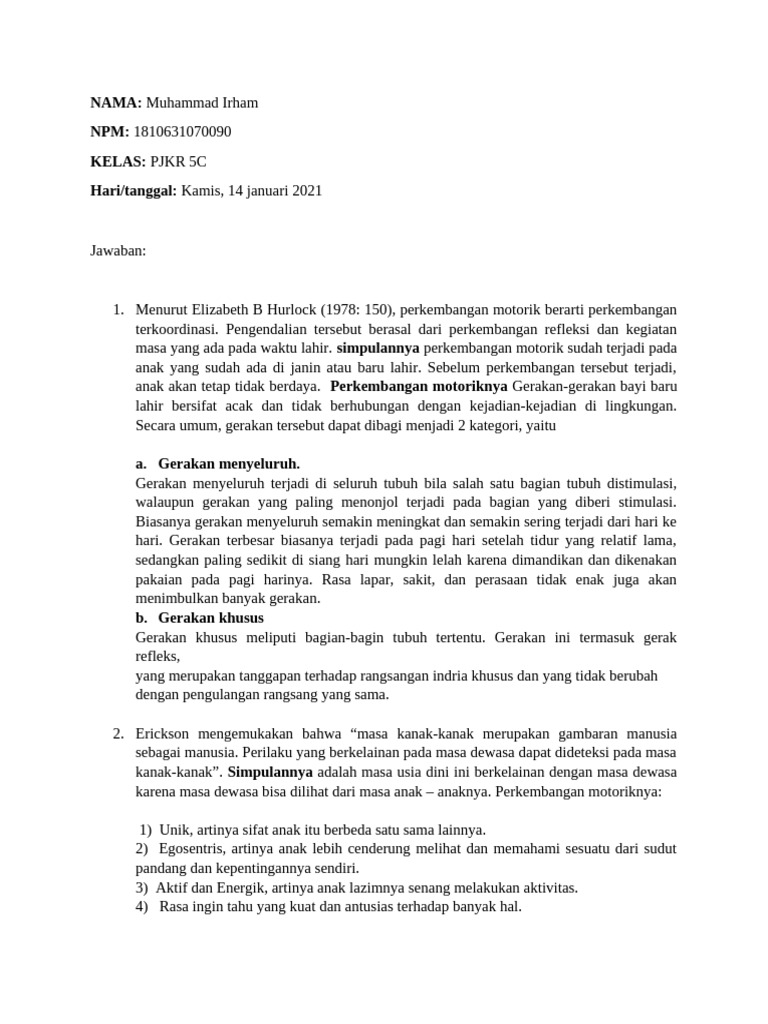 Jawaban Uas Motorik - Muhammad Irham - 1810631070090 - PJKR5C | PDF