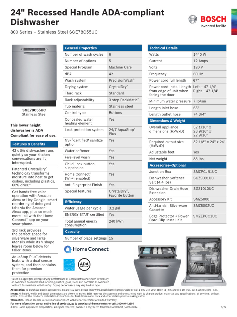 Bosch Dishwasher Product Specs | PDF | Dishwasher | Manufactured Goods
