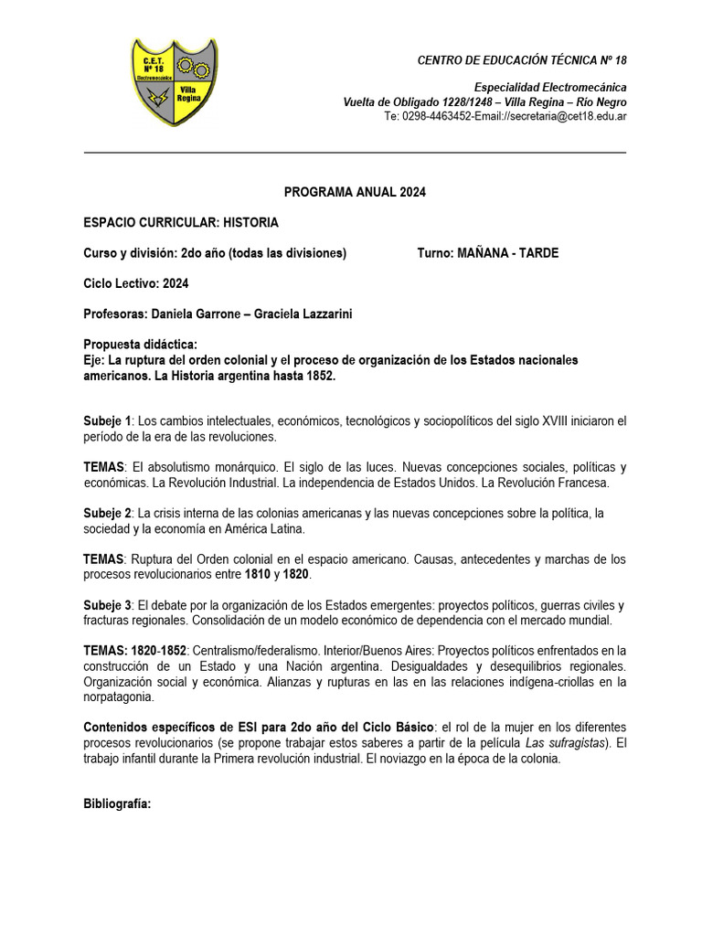 Historia - Programa 2do Año - CB - CET 18 - 2024 | PDF