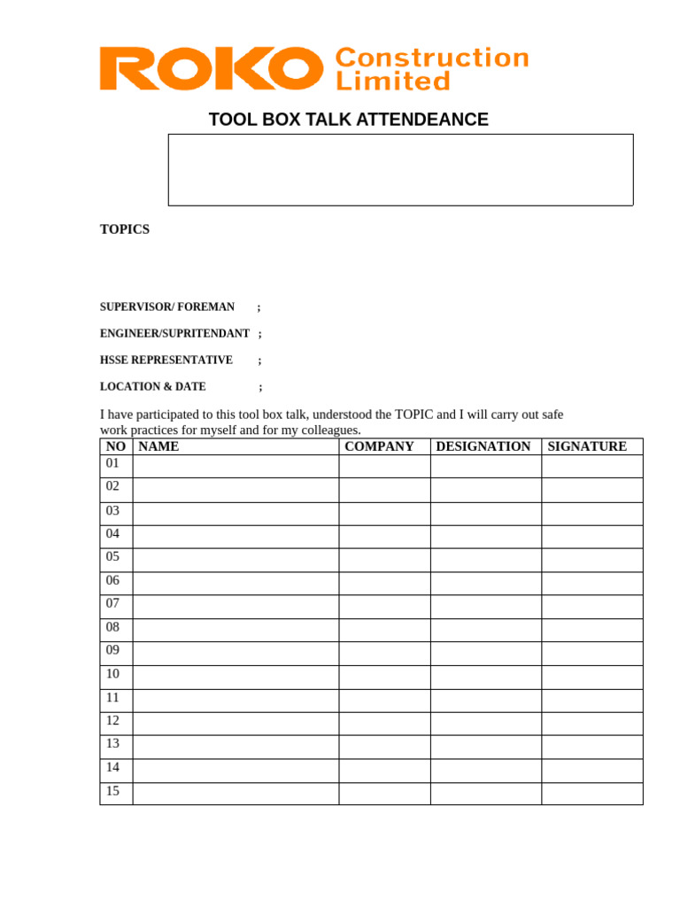 Tool Box Talk Attendance Record | PDF