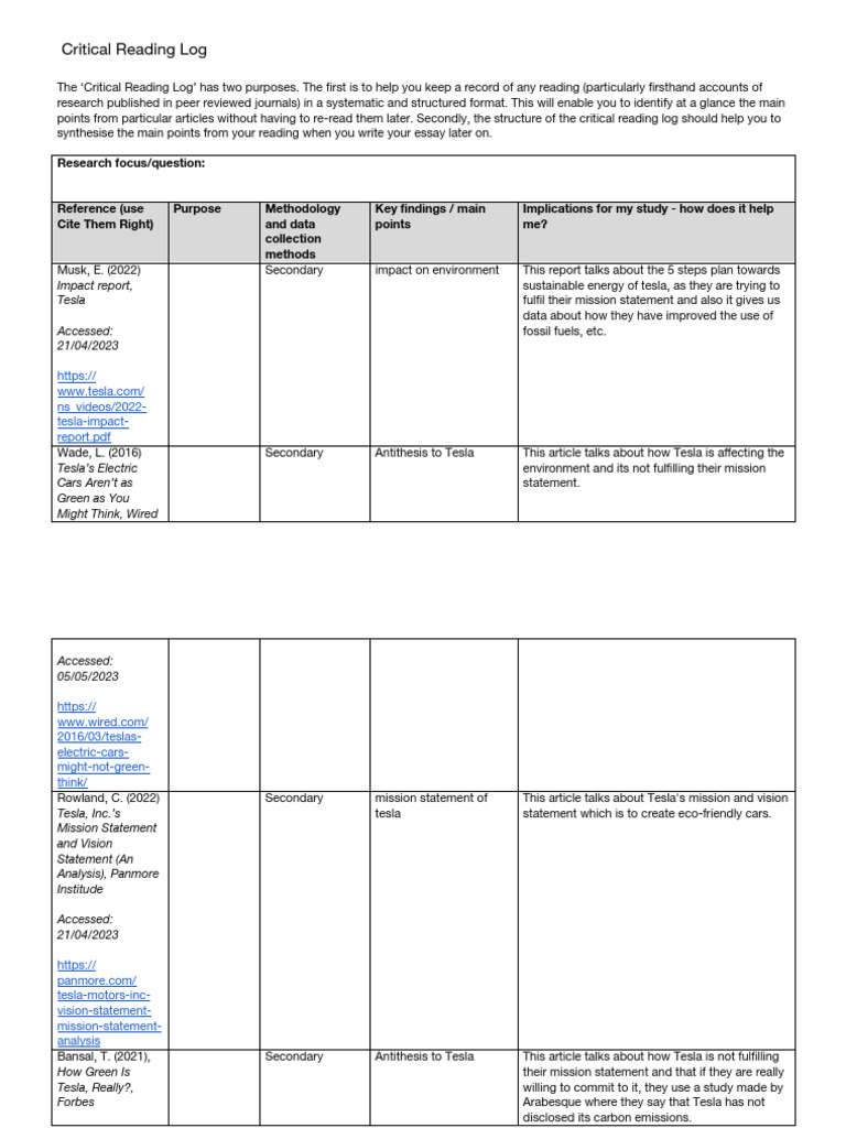 Critical Reading Log for Tesla Research | PDF | Economy And The ...