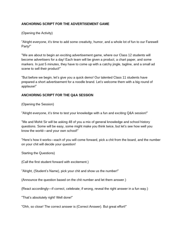 ANCHORING SCRIPT FOR THE ADVERTISEMENT GAME | PDF