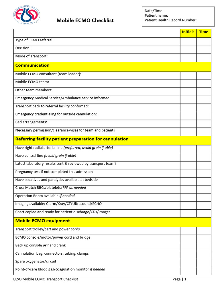Mobile Ecmo Checklist - Final | PDF | Clinical Medicine | Medical Specialties