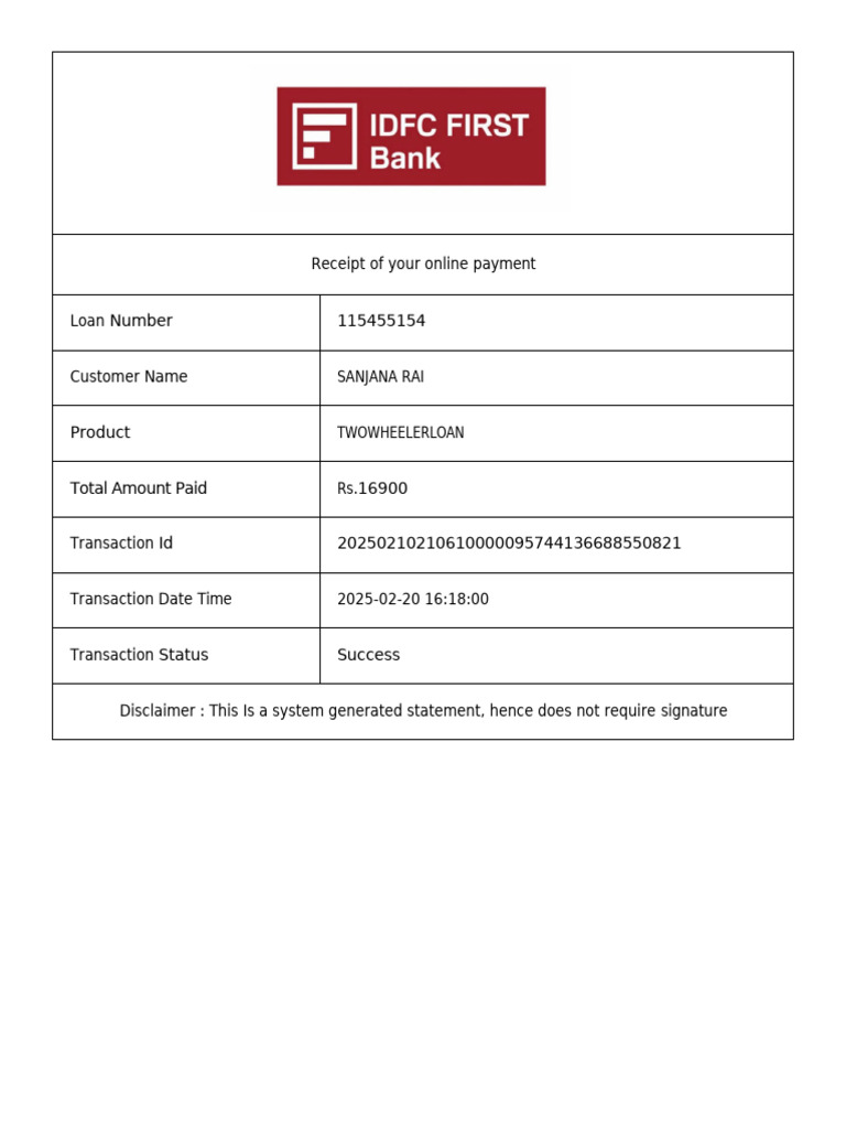 IDFC Two-Wheeler Loan Payment Receipt | PDF