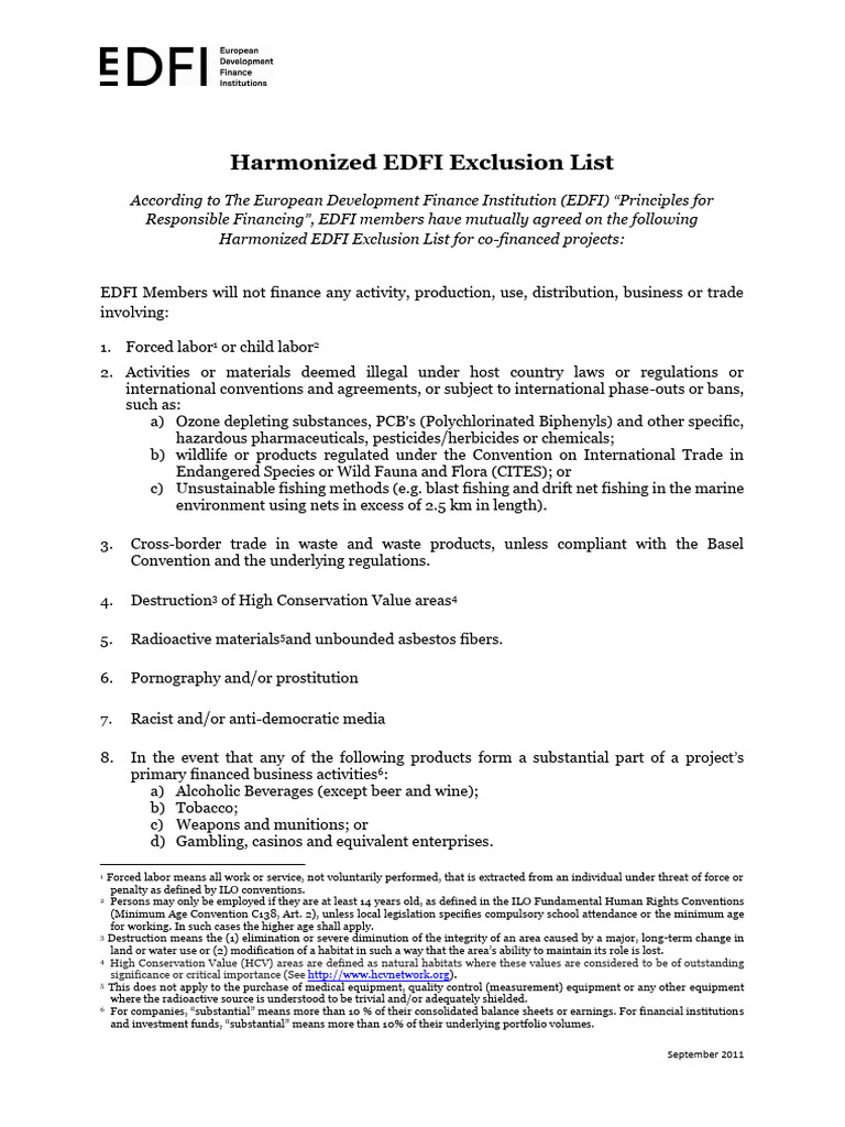 EDFI Exclusion List - September 2011 | PDF | Waste