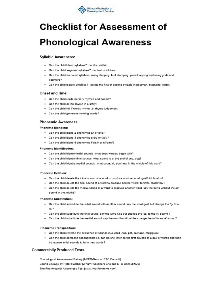 Checklist For Phonological Awareness | PDF