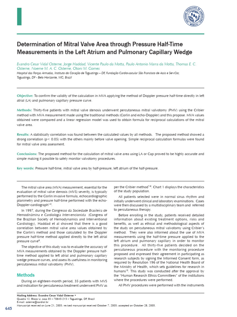Determination of Mitral Valve Area Through Pressure Half-Time ...