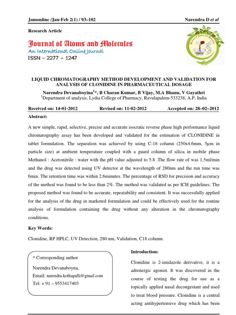 Liquid Chromatography Method Development and Validation For Analysis of Clonidine in ...