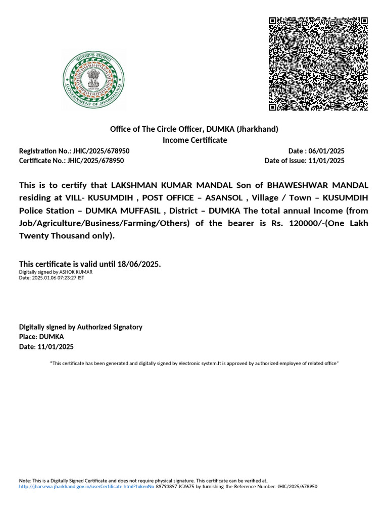 JHIC.2025.678950 Income Certificate of LAKSHMAN KUMAR MANDAL | PDF