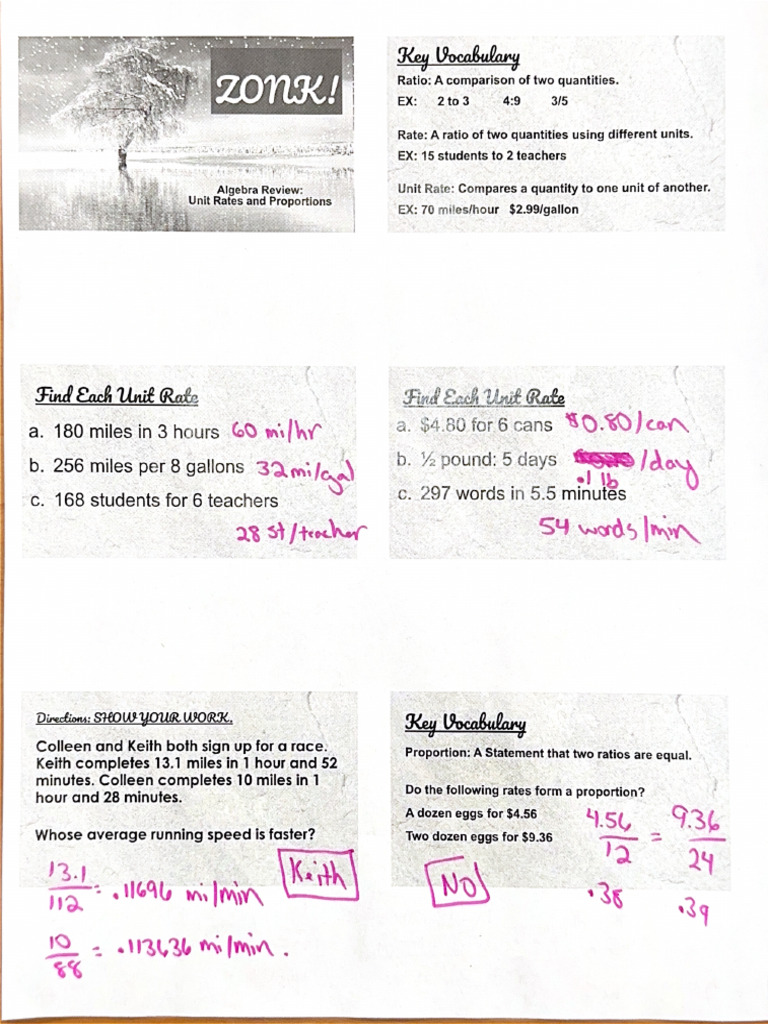 ANSWERS To ZONK Algebra Review Unit Rates and Proportions | PDF