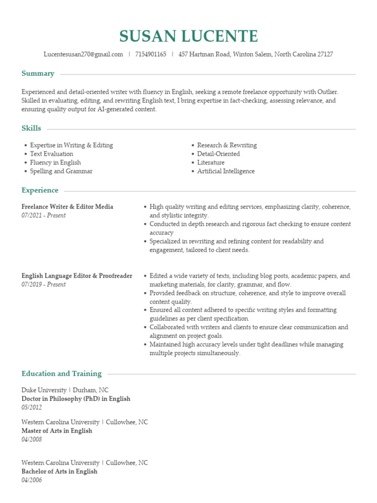 Lucente Susan North Carolina CV 2024 | PDF | Editing | Multilingualism