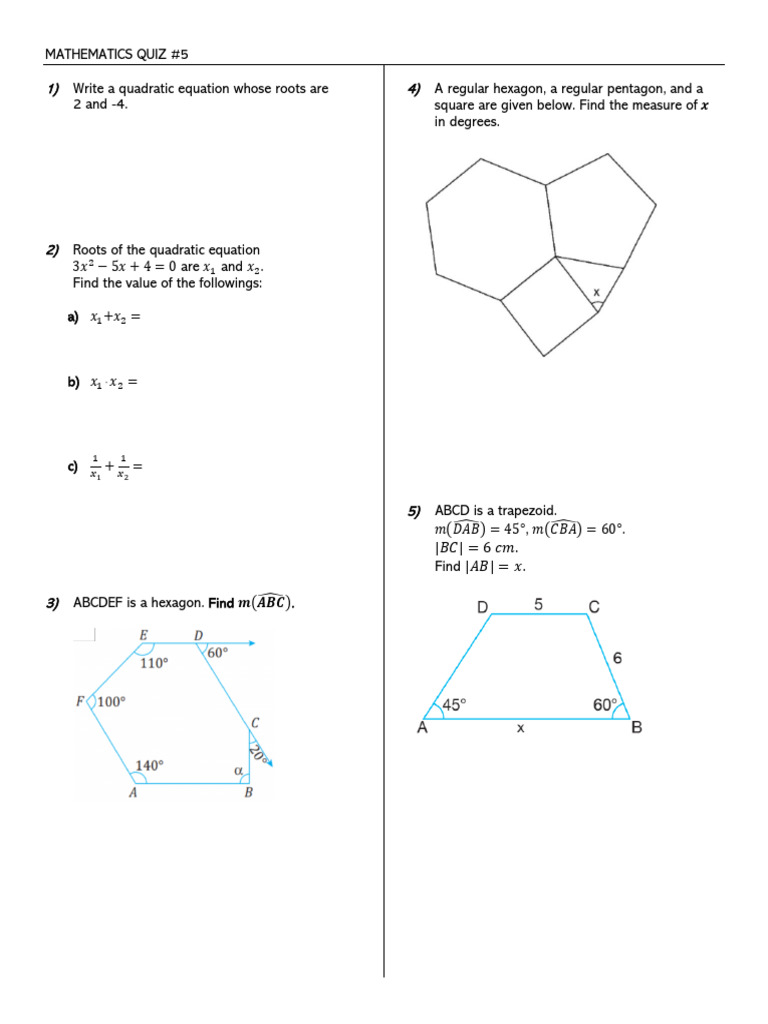 Mathematics Quiz on Geometry and Algebra | PDF