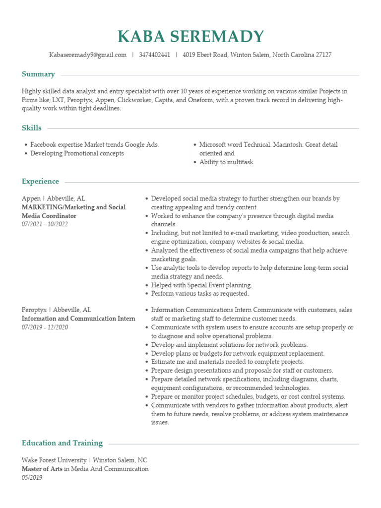 Kaba Seremady North Carolina CV 2024 | PDF | Social Media | Popular Culture & Media Studies
