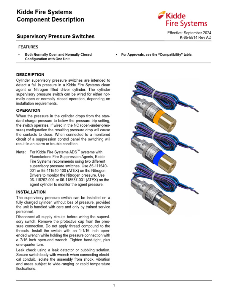 Kidde Supervisory Pressure Switches For Clean Agent or Nitrogen Driver ...