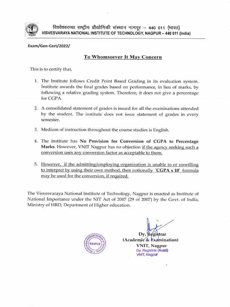 VNIT - Grade Conversion Certificate | PDF