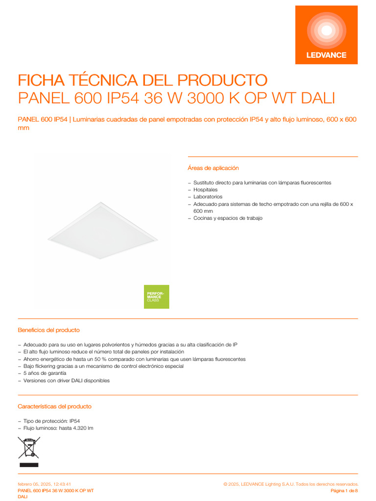 Panel DALI 600 IP54 36W 3000K LED | PDF | Lámpara fluorescente ...