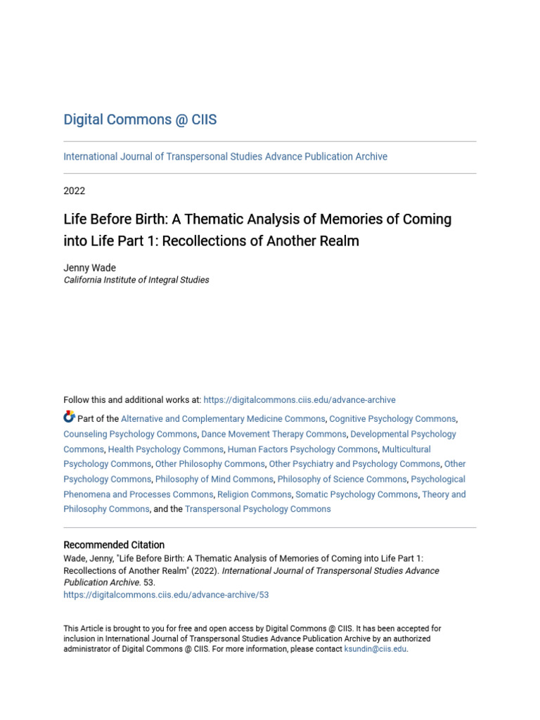 Life Before Birth A Thematic Analysis of Memories of Coming 2vb67zd9 ...