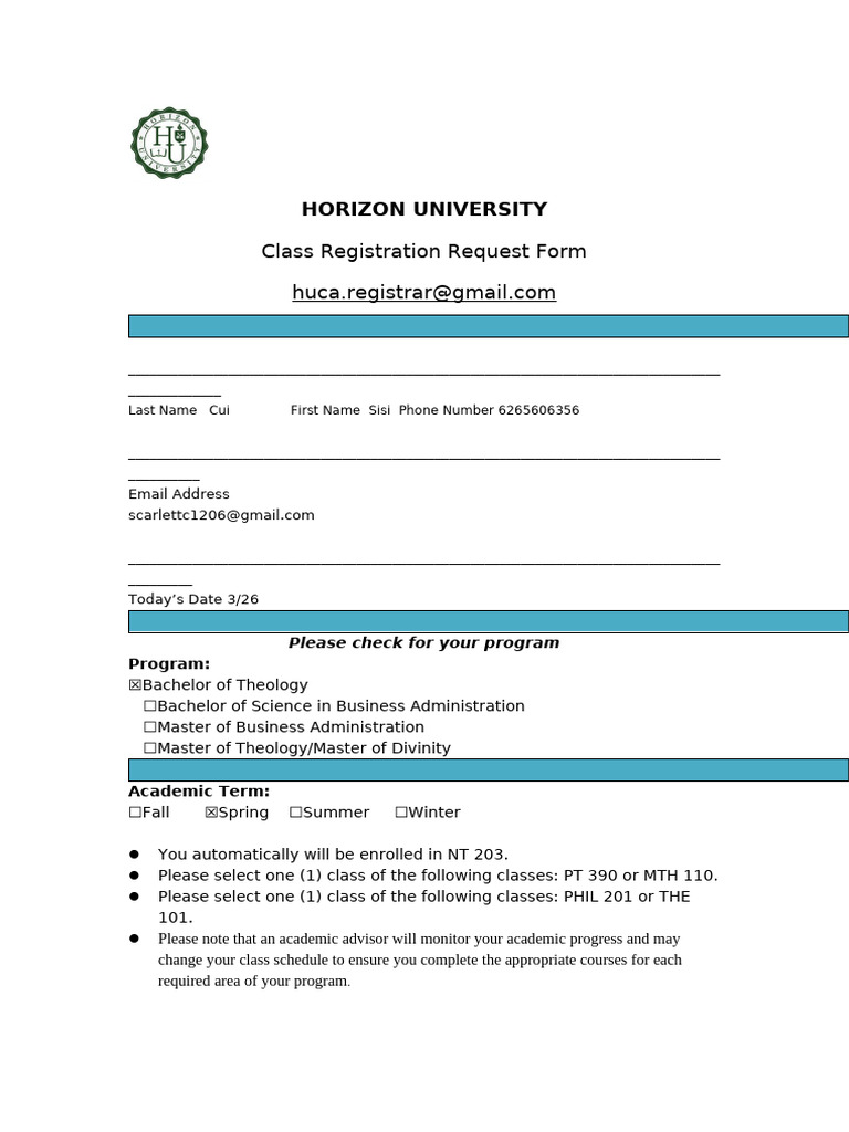 2024 Spring Registration Request Form (BTH) Rev 1-03-26 - 172854 | PDF