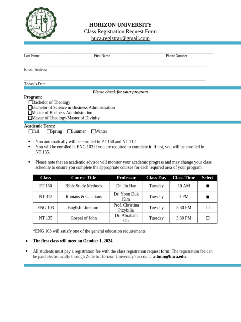 2024 Fall Registration Request Form (BTH) | PDF