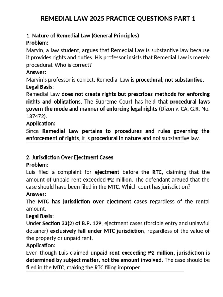 Remedial Law 2025 Practice Questions | PDF | Habeas Corpus | Lawsuit