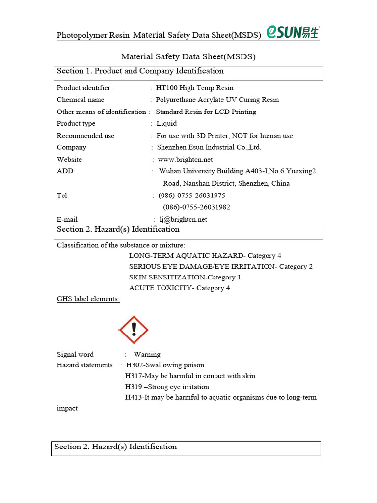 HT100 High Temp Resin - MSDS | PDF | Dangerous Goods | Personal ...