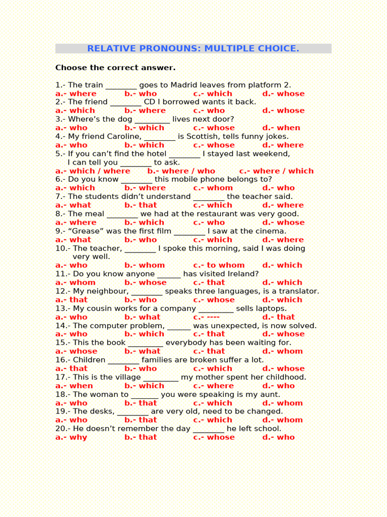 Relative Pronouns Multiple Choice | PDF
