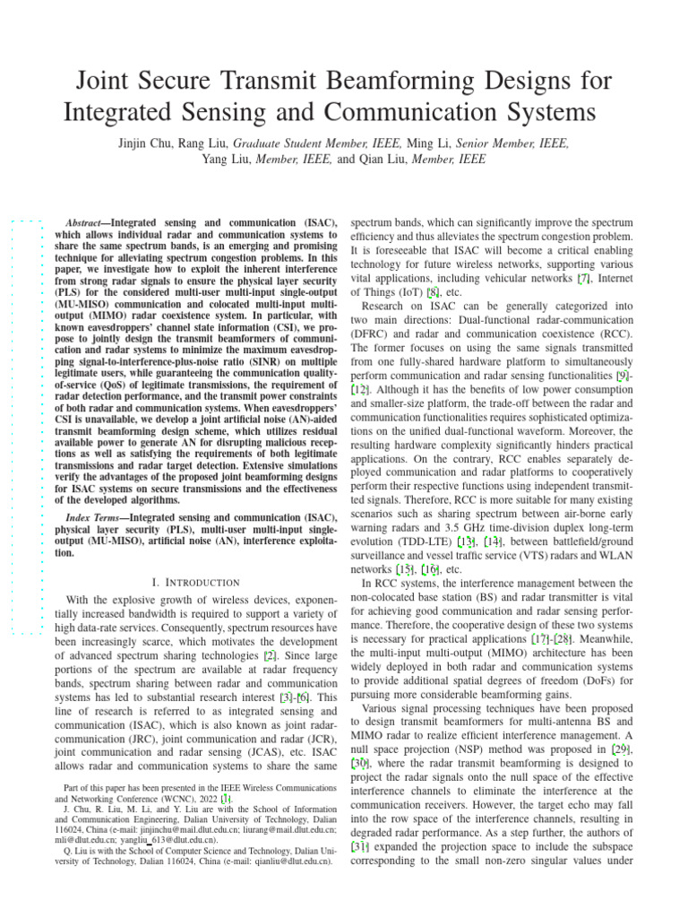 Joint Secure Transmit Beamforming Designs For Integrated Sensing and Communication Systems | PDF ...