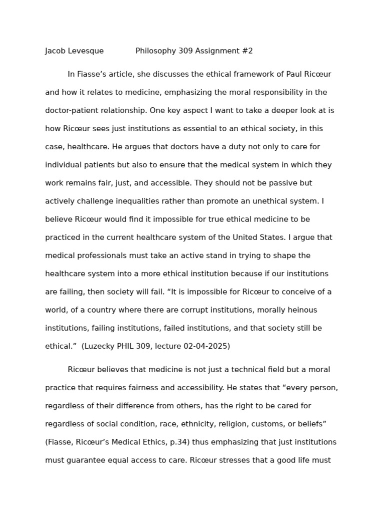 Jacob Levesque Philosophy 309 Assignment | PDF | Health Care | Health ...