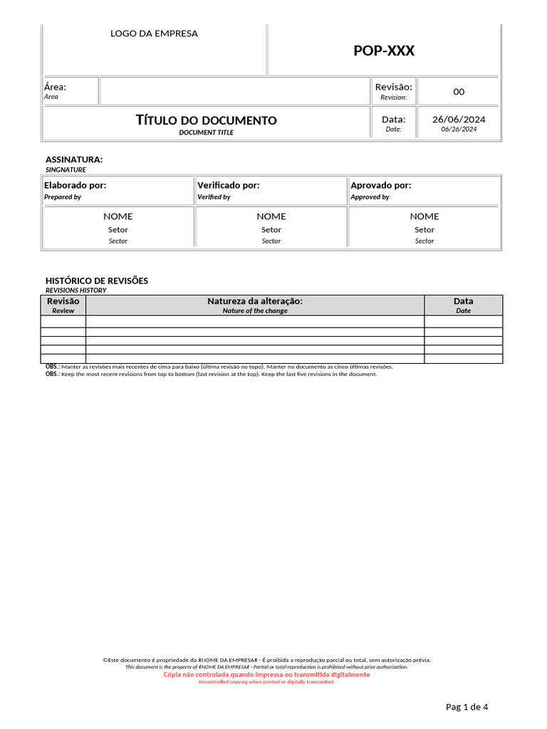 POP-001 - Modelo de Procedimento - RV.00 | PDF