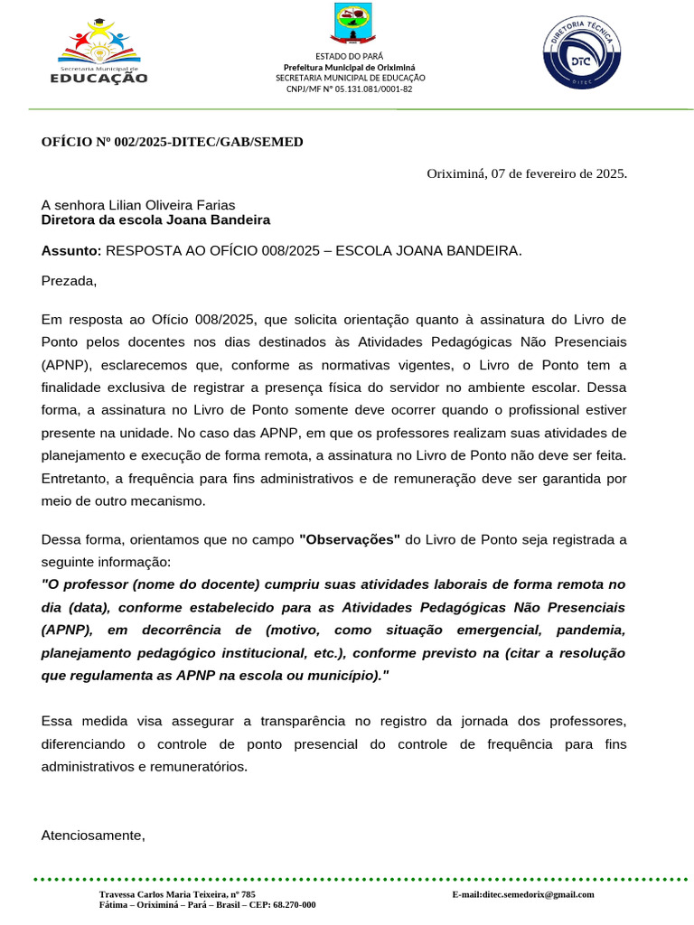 Orientações sobre Livro de Ponto APNP | PDF