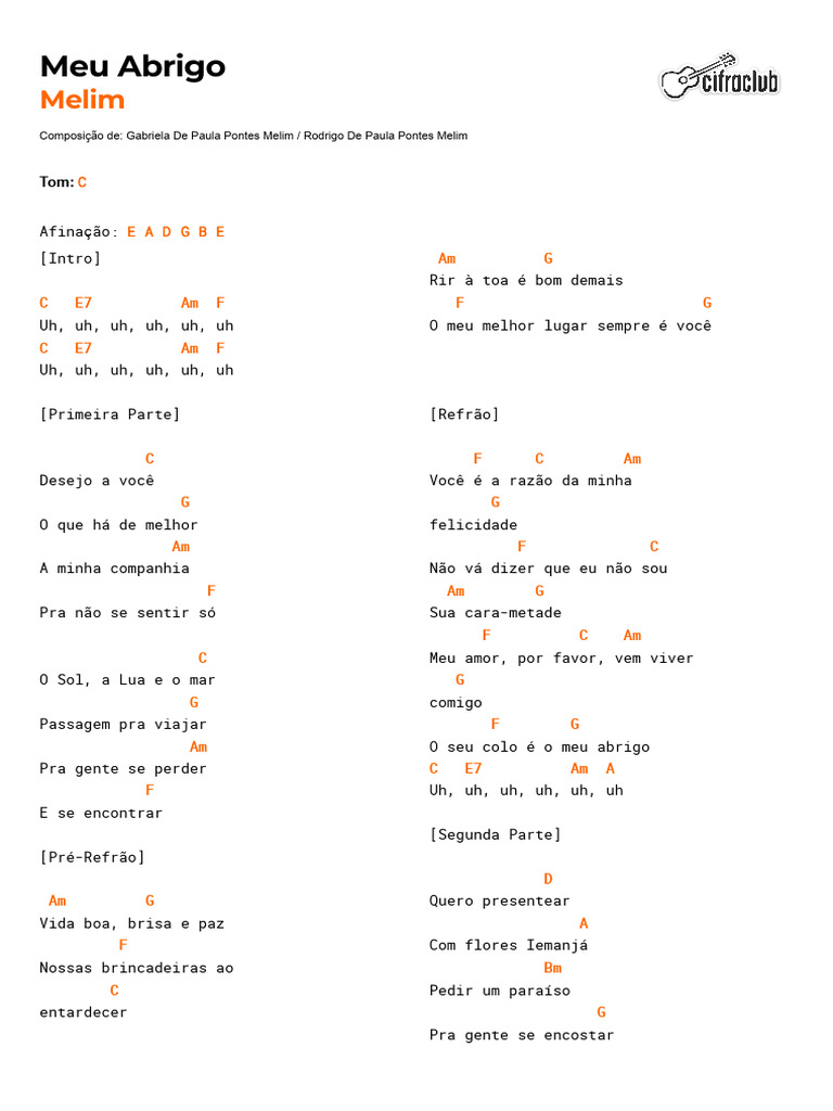 Cifra Club - Melim - Meu Abrigo | PDF