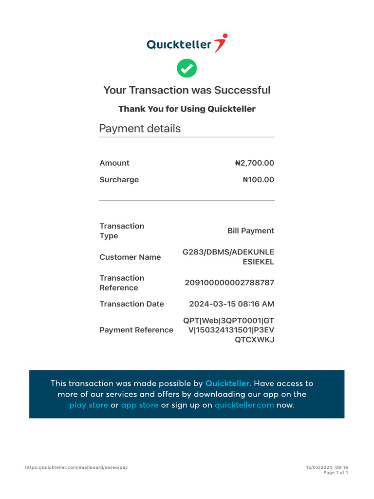 Quickteller Payment Confirmation Details | PDF