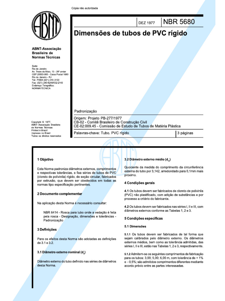 NBR 5680 - Dimensões de tubos de PVC rígido | PDF