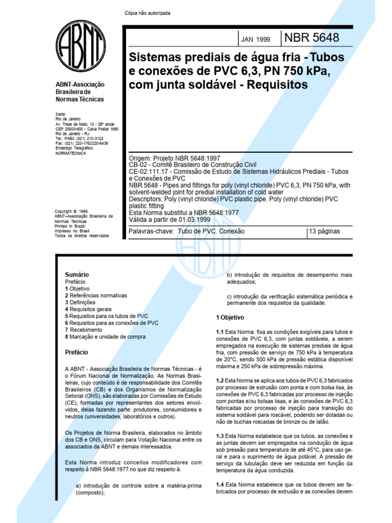 NBR 5648 - Sistemas Prediais de Água Fria | PDF | Cloreto de polivinila (PVC) | Pressão