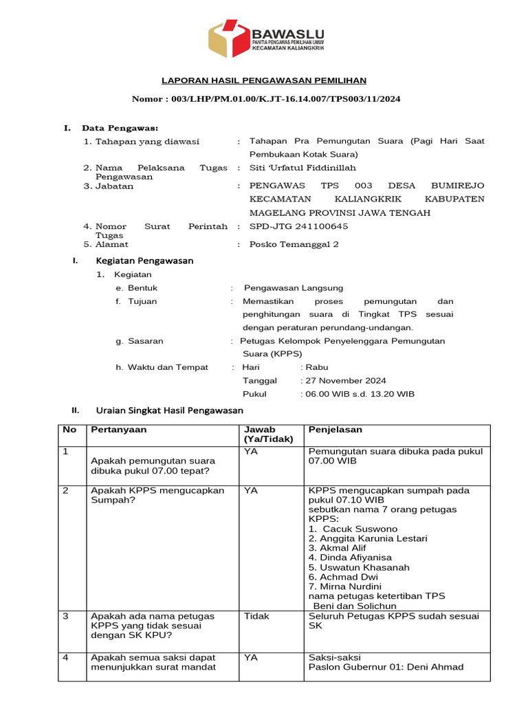 Laporan Pengawasan Pemilu TPS 003 | PDF